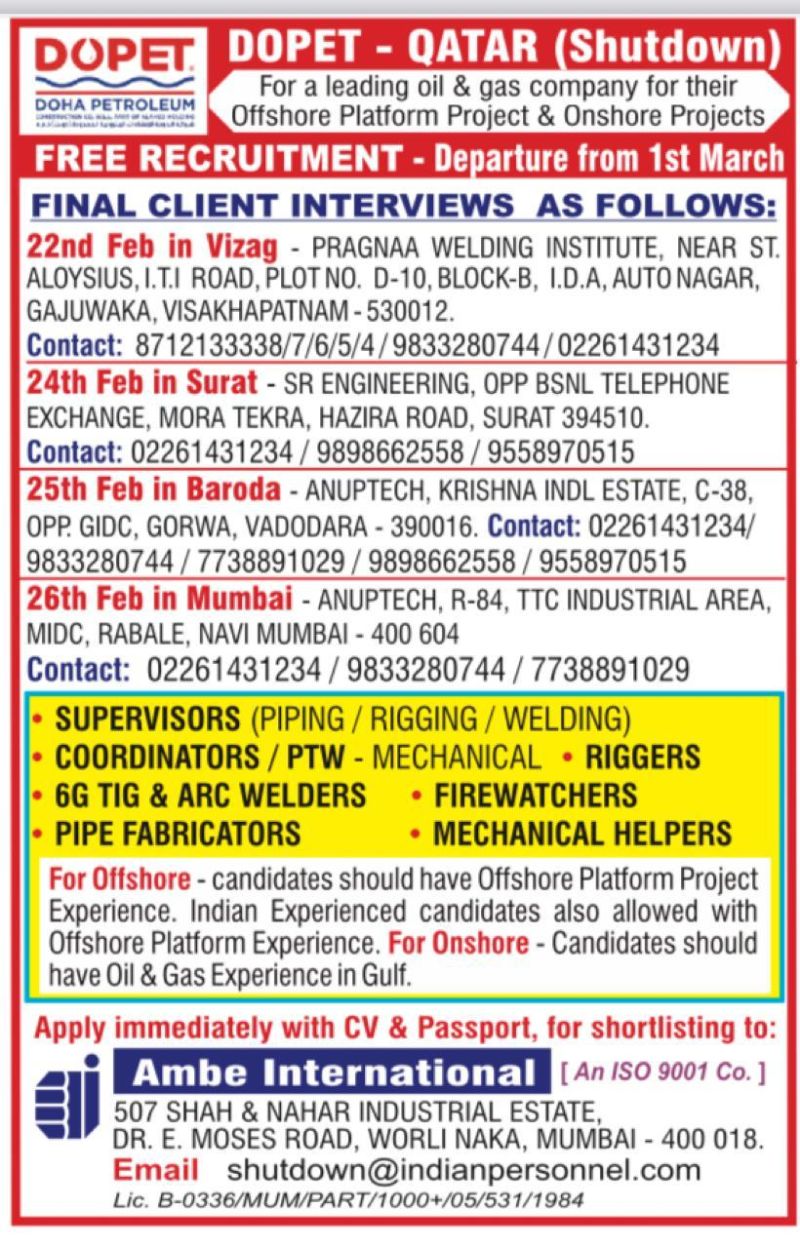 Dopet Company Job for Qatar Free Requirement Shutdown - AbroadVacancy.Com